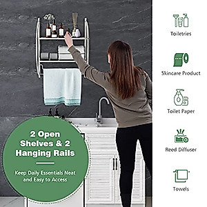 Safstar Wall Mounted Bathroom Shelf, 2-Tier Metal Bathroom Towel Rack w/Leaky Design Shelves & Towel Bars, Chrome Bathroom Shelf for Living Room Kitchen Bathroom, 18"W X 10"D X 22"H, Silver