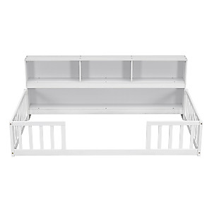 Twin Size Floor Bed with Bedside Bookcase and Shelves, Multifunctional Platform Bed with Guardrails, Wood Captain Bed with Storage Headboard, Low Floor Bed for Kids Teens (White * Twin,Guardrails)