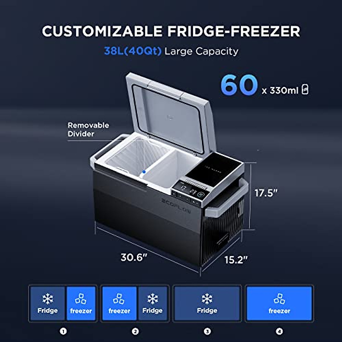 EF ECOFLOW GLACIER Portable Car Refrigerator with Battery, 40Qt(38L) Electric Cooler with Ice Maker, Dual Zone WIFI APP Control(-13℉~50℉), 12/24V DC/AC For Car, Camping, Travel, Fishing, Outdoor