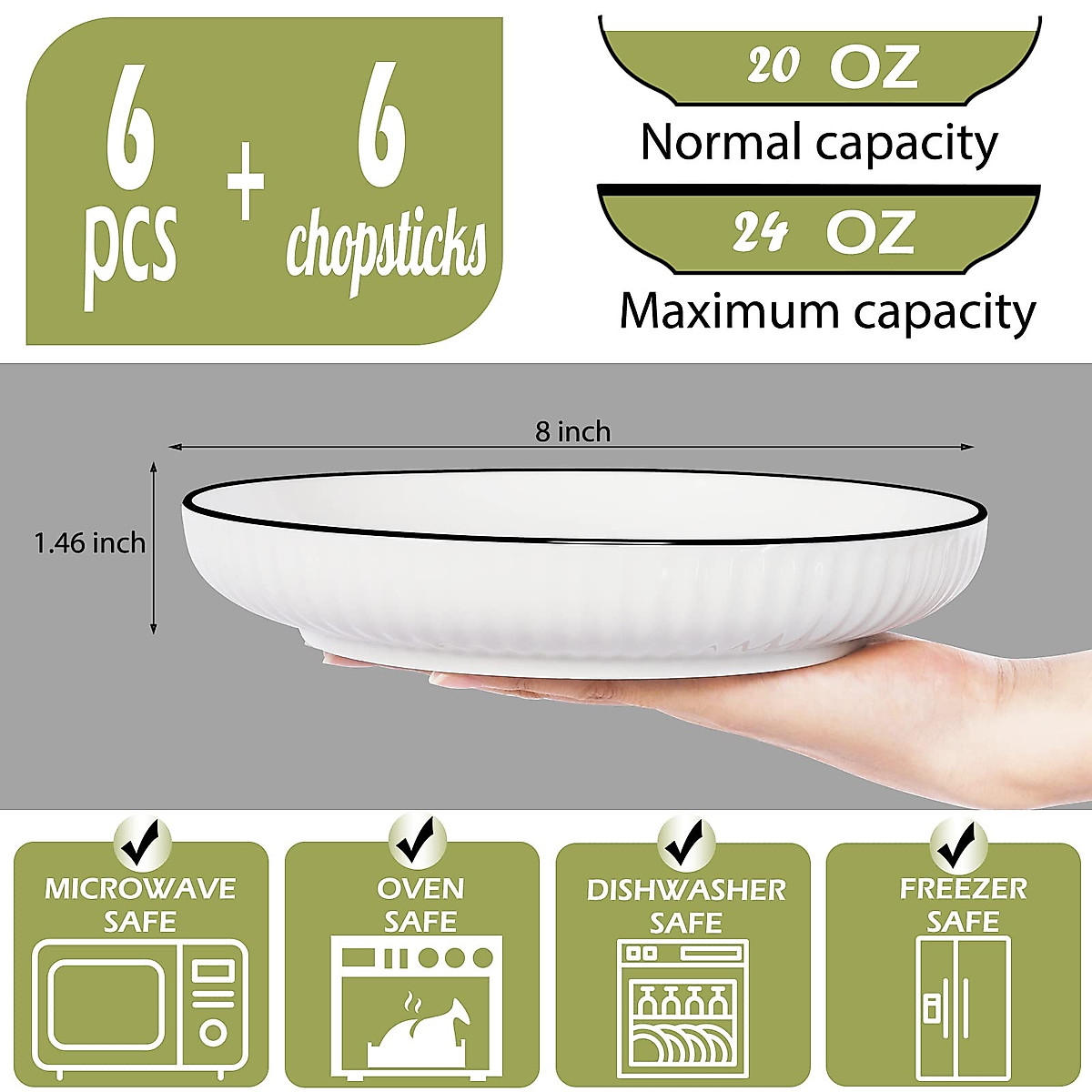 JDZTC Pasta Bowls Set Of 6 With Chopsticks White Ceramic Serving Salad Bowl 8 Inch Wide Shallow Plates Stoneware Kitchen Bowl Set