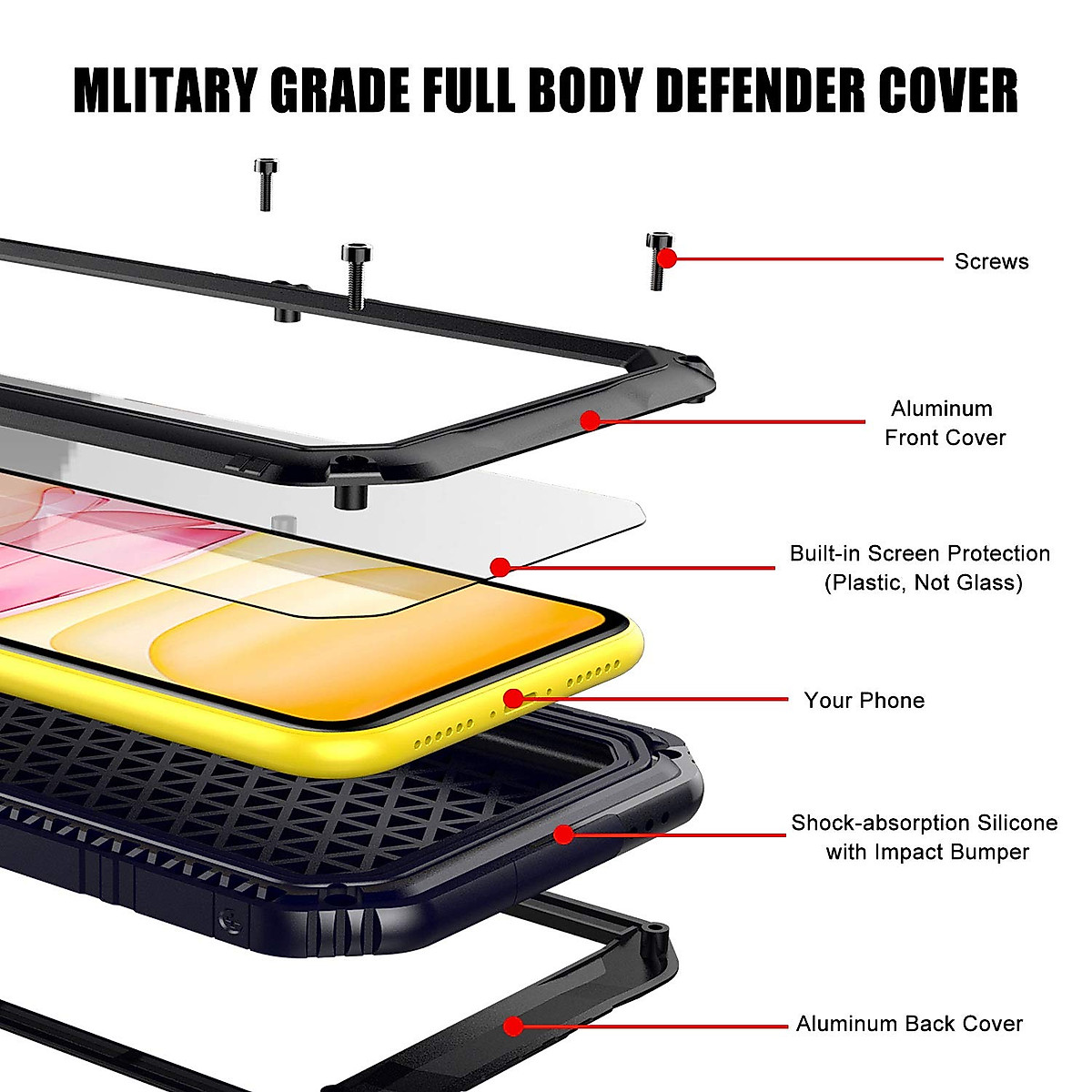 Mitywah Waterproof Case for iPhone 11, Heavy Duty Durable Metal Full Body Protective Case Built-in Screen Protection Waterproof Shockproof Dustproof Rugged Military Grade Defender, Black