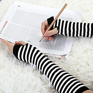 Allegra K Women's Fingerless Gloves Printed Elbow Length Knitted Arm Warmers One Size Black-White