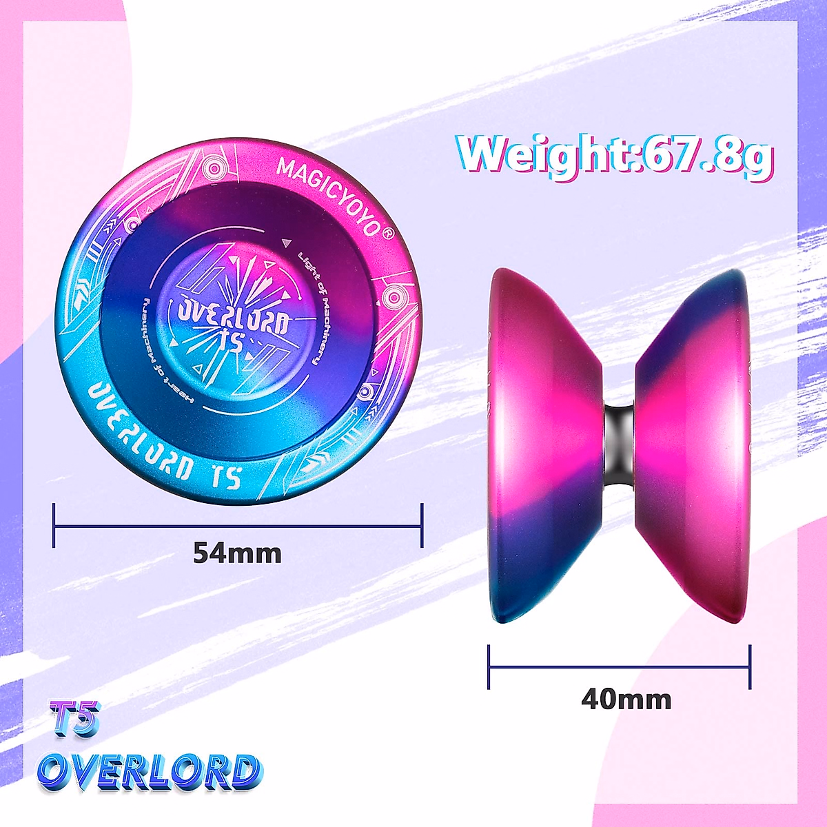 YOSTAR Yoyo T5 Overlord Unresponsive Yoyo for Kids/Adults, Dual Purpose Metal Yoyo Professional with Responsive Yoyo Bearing for Beginners + 12 Yoyo Strings + Yoyo Case Bag (Blue Pink Gradient)