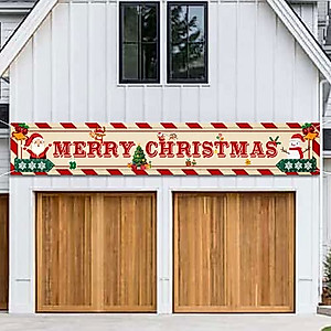 Large Merry Christmas Banner Christmas Outdoor Yard Sign Decorations - Red and White Santa Snowman Xmas Holiday Hanging Banner for Indoor Outdoor Christmas New Year Party Supplies (9.8x1.6 feet)