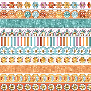 AnyDesign 80Ft Retro Groovy Bulletin Board Borders Boho Flower Rainbow Face Decoration Borders Colorful Groovy Trim Border Boho Bulletin Board Stickers for School Classroom Office Decor