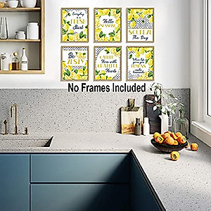 HLNIUC Lemon signs Art Prints, Inspirational Blue Pattern Yellow Lemon Pictures Set Of 6(8”X10”, Unframed), Fruit Botanical Poster Green Leaf Modern Wall Art For Bed Room Living Room Kitchen Decor
