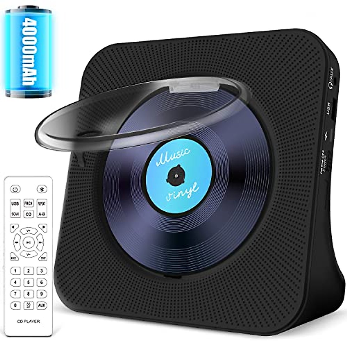 Portable CD Player with Bluetooth: 4000mAh Rechargeable Kpop Music Player with HiFi Speaker,Remote Control,LCD Display,Sleep Timer,Headphone Jack, Supports CD/Bluetooth/FM Radio/U-Disk/AUX(Black)