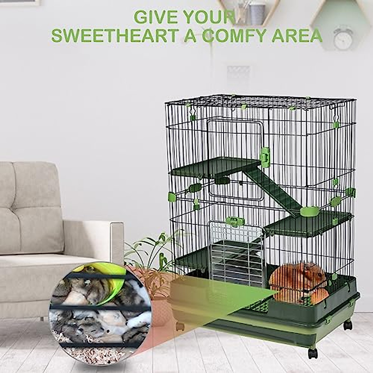 Yone jx je 4-Level Small Animal Cage Hutch with Wheels, Removable Tray, Platform and Ramp for Rabbit Bunny, Chinchillas, Ferret, Hedgehog & Gerbils (Green)