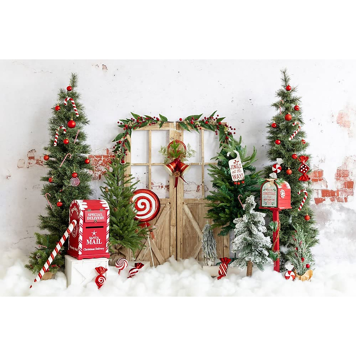 Kate 7×5ft Christmas Backdrop Photo Brick Wall Wooden Door Christmas Tree Gift Oil Barrel Decorative Xmas Background Photography Studio Picture Video