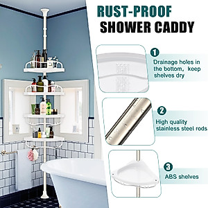 HOSKO Shower Caddy Tension Pole, 4-Tier Adjustable Tension Rod Shower Caddy Corner, Rustproof Shower Organizer Corner Shelf 54 to 114 Inch