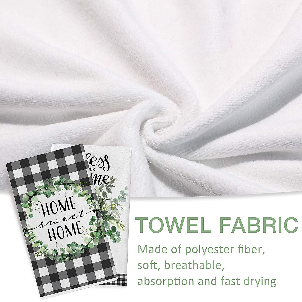 Seliem Summer Eucalyptus Greenery Kitchen Dish Towel Set of 2, Buffalo Plaid Check Absorbent Hand Drying Baking Cooking Cloth, Spring Seasonal Farmhouse Decor Bless Our Sweet Home Decorations 18 x 26