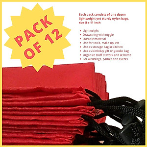 Drawstring Bag - Nylon Cinch and Ditty Stuff Pouch with Toggle (8 x 11-12 pack, Red)