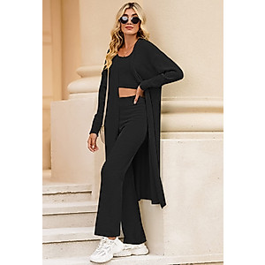 Linsery 3 Piece Sexy Fuzzy Outfit for Women Sherpa Jacket Coat and Crop Top Wide Leg Pants Lounge Set Cozy Fleece Tank Top and Pants Pajamas Black S