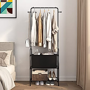 UDEAR Clothes Rack,Standard Garment Rack with Large Storage Bag,2 Non-woven Fabric Storage Shelves and 2 Hooks,Black