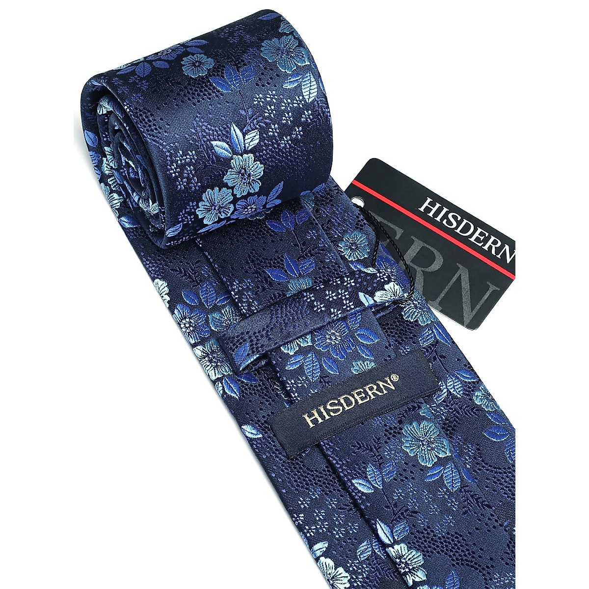 HISDERN Men's Floral Tie Handkerchief Jacquard Woven Classic Men's Necktie & Pocket Square Set,Navy Blue,8.5cm / 3.4 inches in Width