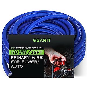 GearIT 1/0 Gauge Wire (25ft - Blue Translucent) Copper Clad Aluminum CCA - Primary Automotive Wire Power/Ground, Battery Cable, Car Audio Speaker, RV Trailer, Amp, Electrical 0ga AWG 25 Feet