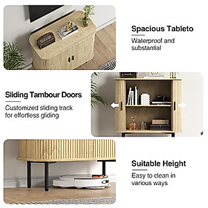 31''W Natural Buffet Sideboard Cabinet with Storage, Fluted Storage Cabinet Black with Curvy Edge; Sliding Door, Freestanding Accent Cabinet, Credenza, Console Table for Living Room, Kitchen, Hallway