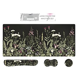 PULAIXIN 4 in 1 Desk Mat, Large Mouse Pad Wrist Support Set, Keyboard Wrist Rest with Non-Slip Rubber Base, Ergonomic Design for Office Gaming Desk Accessories-Night Garden-L8