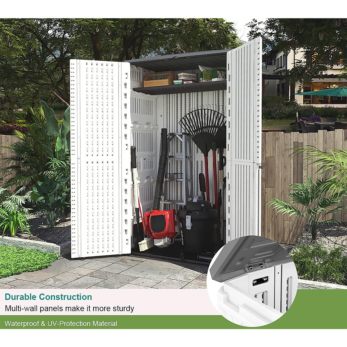 KINYING Outdoor Storage Cabinet Waterproof, Resin Vertical Outdoor Storage Shed for Patio Furniture, Garden Tools, Pool Accessories, Mower Storage (66 Cu.ft, Off White)