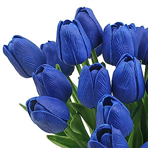 Lazeny 20 pcs Artificial Tulip Flowers Real Touch PU Bouquet Fake Flower Arrangements Indoor Outdoor Wedding Decoration Table Centerpieces, for Home Office Party Garden Porch Window Decor (Blue)