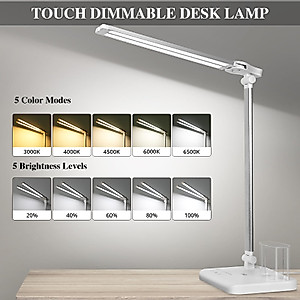 iVict Dual Swing Arm LED Desk Lamps, 5 Light Modes x 10 Brightness Levels Desk Light with USB Charging Port, 45 Minutes Auto Timer Table Lamp, Desk Lamp for Home Office, Bedroom, Reading/Study