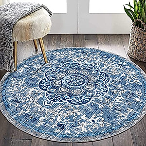 HEBE Boho Round Area Rug 4Ft Non Slip Washable Rug for Living Room Bedroom Vintage Distressed Medallion Round Rug Soft Circle Rug Throw Carpet for Dining Room Bathroom Nursery