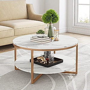 Two-Tier Round Marble Modern Coffee Table with Metal Legs and Open Storage Shelf for Living Room White Gold Contemporary MDF Wood Finish Water Resistant