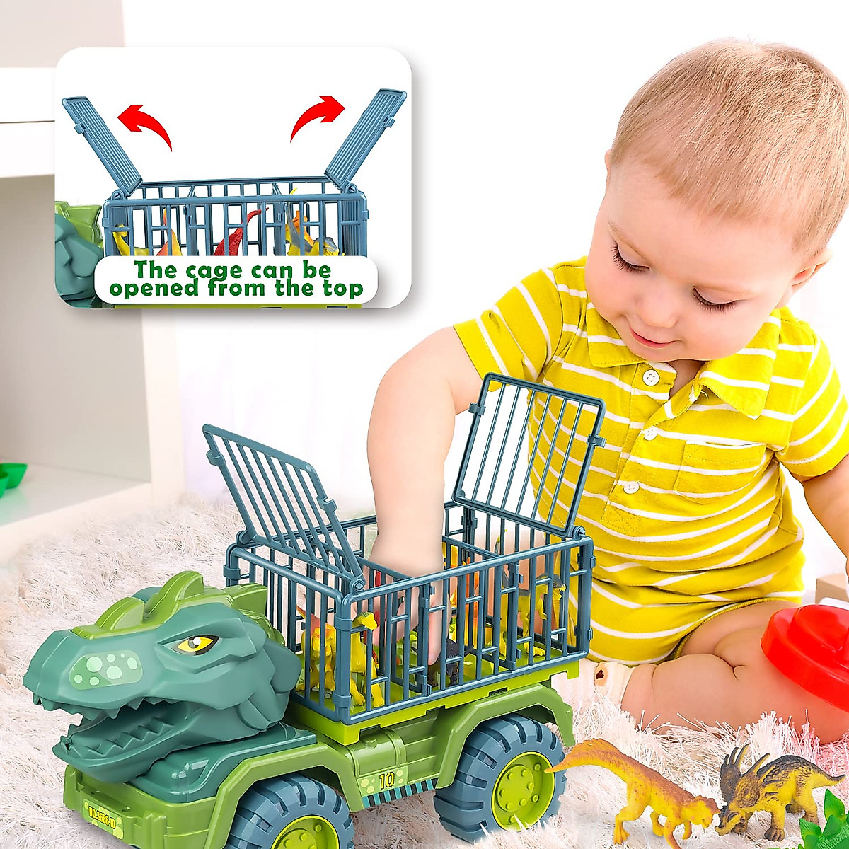 Niwoed Dinosaur Transport Truck Playset, Large Size Tyrannosaurus Vehicle Carrier Car Toys for 3 4 5 6 7 8 9 10 Years Old Boys Girls Kids Gifts, Monster Truck with 12 Dino Figures & Play Mat