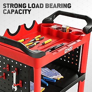 DNA MOTORING 3-Level Heavy Duty Composite Workshop Trolley 120 kg / 260 Lbs Capacity Cart Side Portable On Wheels w/Pegboard for Garage Warehouse Workshop Use, Black/Red, TOOLS-00429