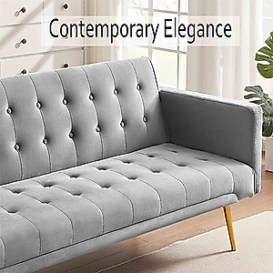 RIDFY 70” Modern Velvet Futon Sofa Bed, Convertible Sleeper Couch with Metal Legs/Armrests, Folding Upholstered Loveseat, Memory Foam Living Seat, Recliner Sofa for Home/Office (Grey)