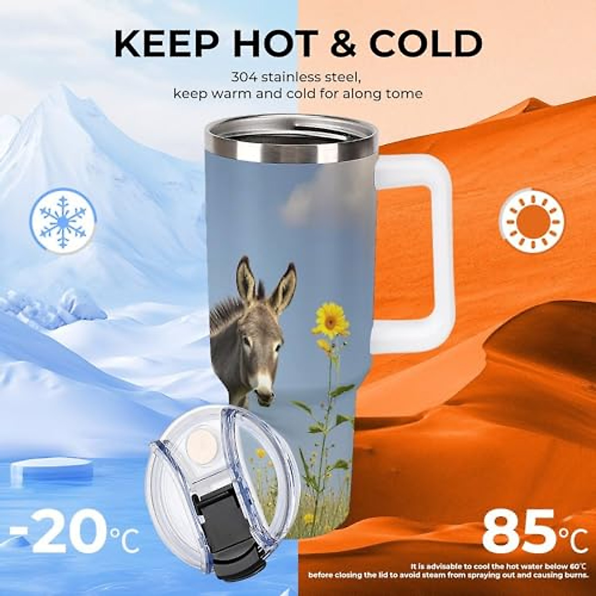 RTFGHJS 40 Oz Tumbler Donkey And Flower Insulated Tumbler Travel Coffee Mug with Straw Lid Stainless Steel Water Bottle Vacuum Insulated Tumbler for Sport Work Car Travel Weekends