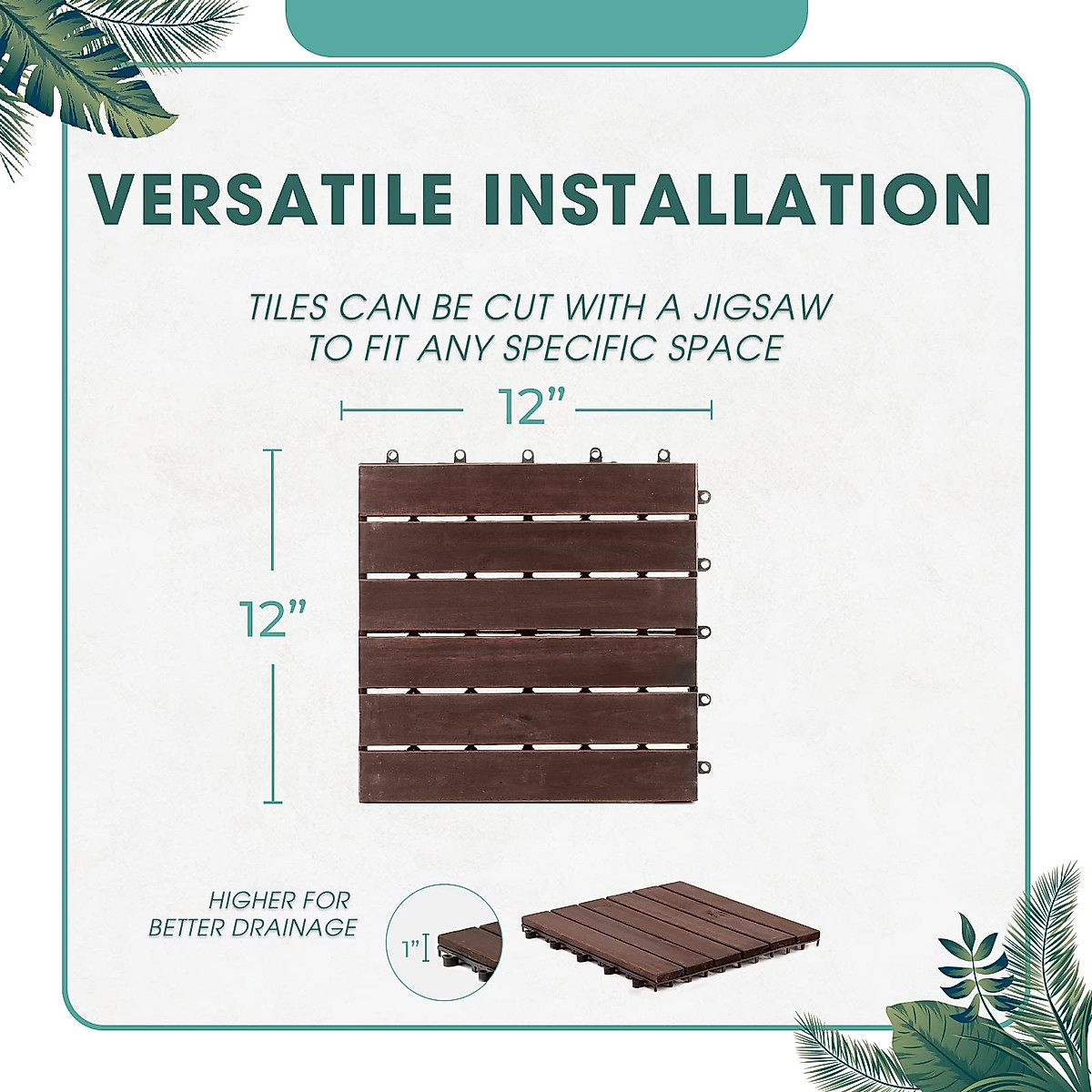 Idzo Interlocking Deck Tiles - 10PCS Waterproof Acacia Wood Patio Tiles, Flooring Tiles for Both Indoor and Outdoor - Decking Stripe Pattern, Dark Brown, 12 x 12 x 0.9 inches