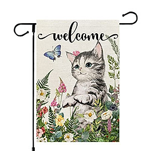 CROWNED BEAUTY Spring Cat Garden Flag Floral 12x18 Inch Double Sided for Outside Welcome Burlap Small Yard Holiday Decoration CF754-12