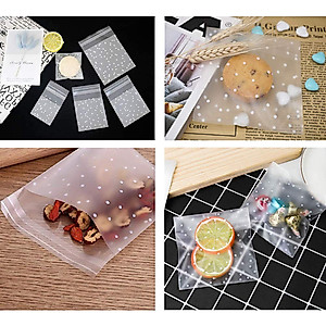 LiyuanQ Christmas Self Adhesive Candy Bag 200 PCS Cellophane Cookie Bags Self-adhesive Sealing Cellophane Bags White Polka Dot Clear Bags OPP Plastic Party Bag for Bakery, Candy (5.5 x 5.5 inches)
