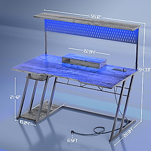 armocity 55'' Gaming Desk with Hutch and LED Lights, Gaming Computer Desk with Storage Shelves & Z-Shaped Legs, Reversible PC Gaming Desk with Pegboard, Ergonomic Desk for Bedroom, Grey Oak