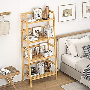 Homykic Ladder Bookshelf, 4-Tier Bamboo Ladder Shelf 49.2” Book Shelf Bookcase Floor Freestanding Bathroom Storage Rack Plant Stand for Small Space, Bedroom, Living Room, Easy to Assemble, Natural