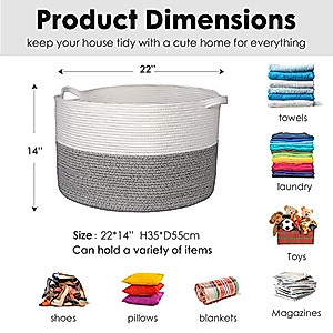 Proate XXXL Large Gray Woven Cotton Rope Basket in Living Room Blanket Storage Basket 22" x 14" Laundry Basket Hamper Towels Toy Bins Baskets Storage Kids Comforter Cushions Pillow Blanket Organizer