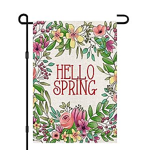 Hello Spring Floral Garden Flag 12x18 Inch Double Sided Burlap Outside, Seasonal Yard Farmhouse Outdoor Decor DF230