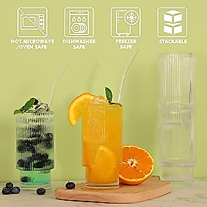 Moretoes Glass Cups, 6pcs,12oz, Ribbed Glassware with Straws Glass, Iced Coffee Cups, Cute Vintage Drinking Glasses Set