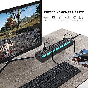 barsone Multi Port USB Hub Splitter, 7-Port USB 2.0 Hub for Laptop, USB Port Expander with On/Off Individual Switch Compatible for All USB Device