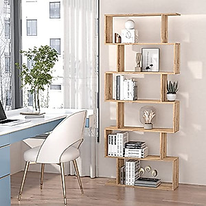 HOMCOM 75.5" H Bookcase 6 Shelf S-Shaped Bookshelf Wooden Storage Display Stand Shelf Organizer Free Standing Oak