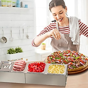 BBQMall Pizza Topping Station for Grill Cart, Universal Condiment Serving Container for Outdoor Grill Stand, Stainless Steel Seasoning Containers with Lid, 4 Compartment Trays for Prepping Ingredients