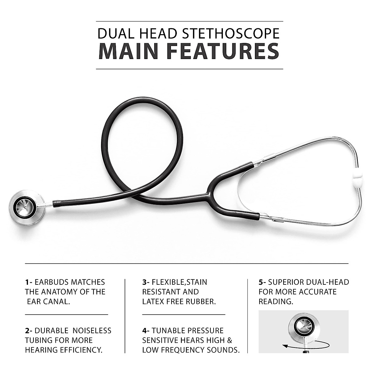 Classic Dual Head Stethoscope for Medical and Home use - Ideal for Nurses, Medical Students, Doctors, EMTs - Diagnostic Stethoscope for Basic Heart + Lung assessments (Black)