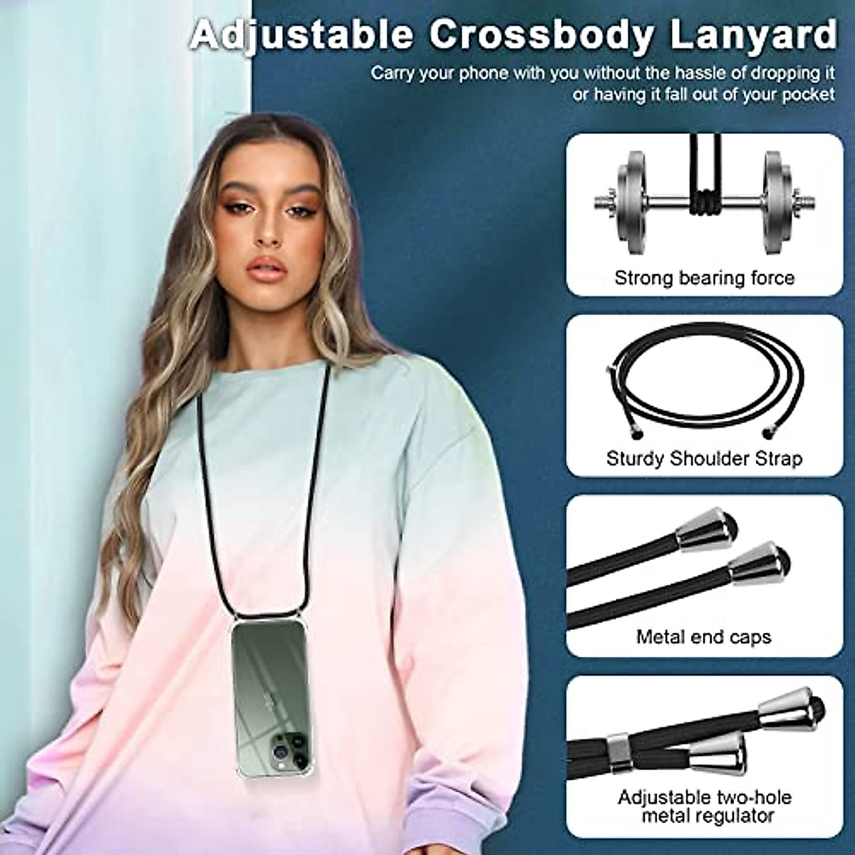 Vauki Crossbody Case for iPhone 13 Pro Clear Silicone Phone Case for iPhone 13Pro 6.1" with Lanyard Neck Cord Strap, Soft TPU Shockproof Protective Transparent Cover Case - Black Necklace