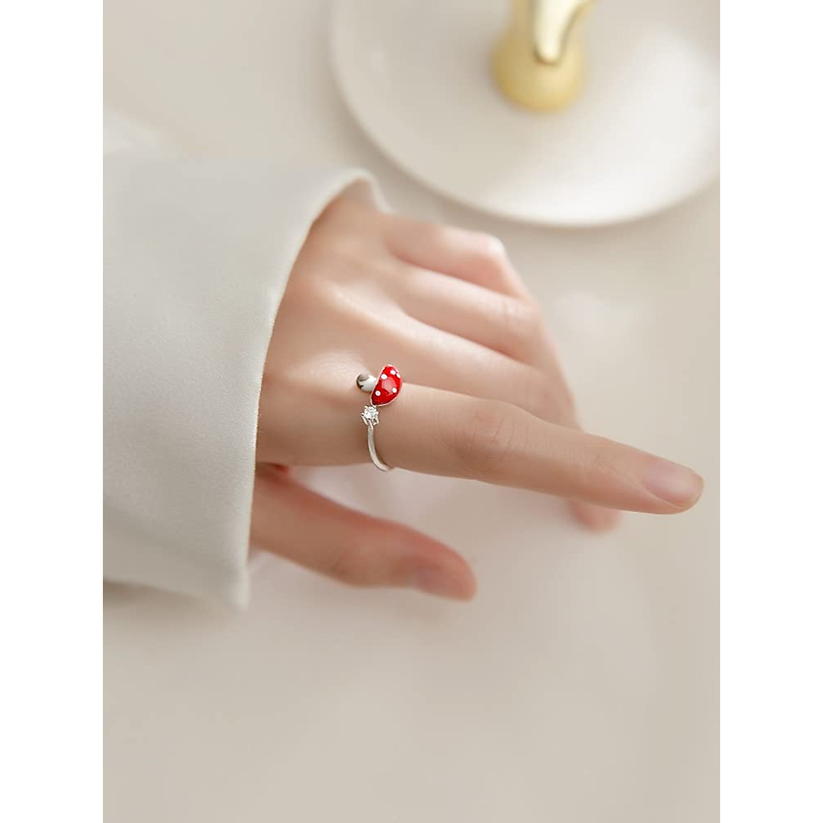 Cute Mushroom 925 Sterling Silver Open Band Ring for Women Girls CZ Expandable Creative Enamel Food Statement Finger Rings Adjustable Comfortable Dainty Birthday Easter Christmas Jewelry Gift