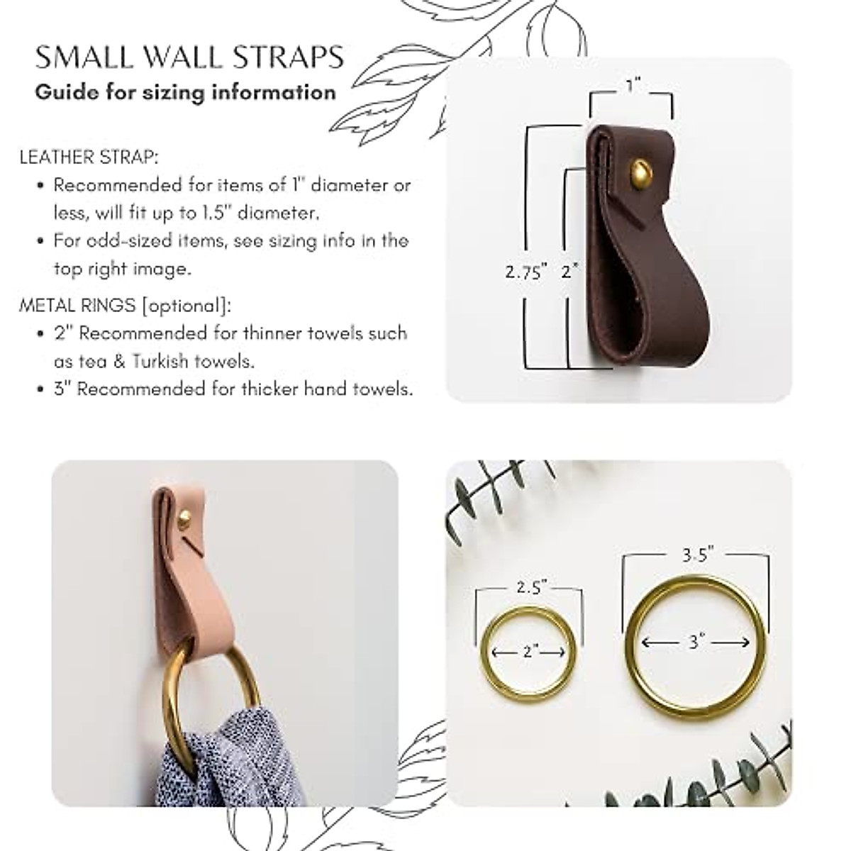 KEYAIIRA - Small Leather Wall Hook, wall hanging strap towel hook for wall leather loop strap for scarf storage boat paddle holder minimal towel bar rack storage