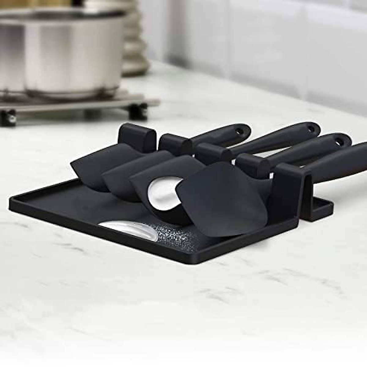 TEELOR Silicone Utensil Holder with Drip Pad, Heat Resistant, BPA Free Utensil Holder and Spoon Holder for Kitchen Counter, Kitchen Utensil Holder for Spoon, Long Handle, Tongs, Etc. (Black)