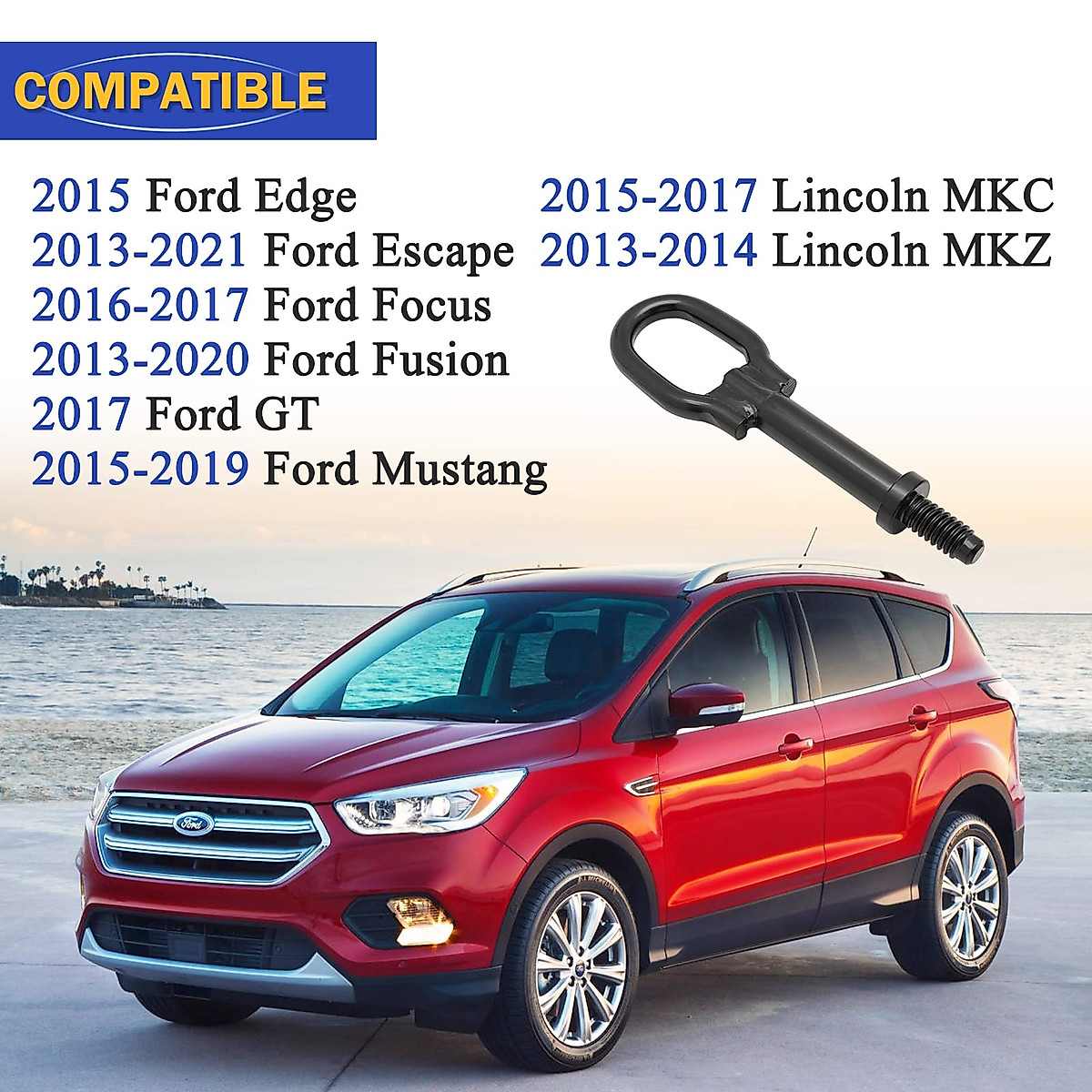 X4XZ Front&Rear Tow Hook Recovery Towing Hook for 2013-2021 Ford Escape Focus Fusion Mustang Edge GT Lincoln MKC MKZ # 6M2Z17A954A