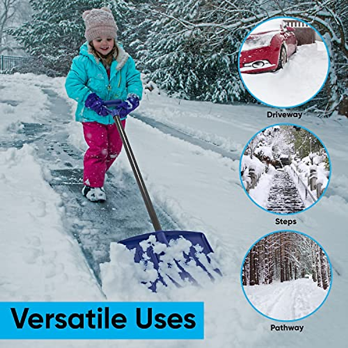 Superio Kids Snow Shovel for Driveway, Plastic Heavy Duty Shovel for Snow Removal with D Grip Metal Handle Small Navy Blue Kids Shovel Sturdy, 35“ Height, Durable Plastic 12" Wide Blade, Snow Fun (3)
