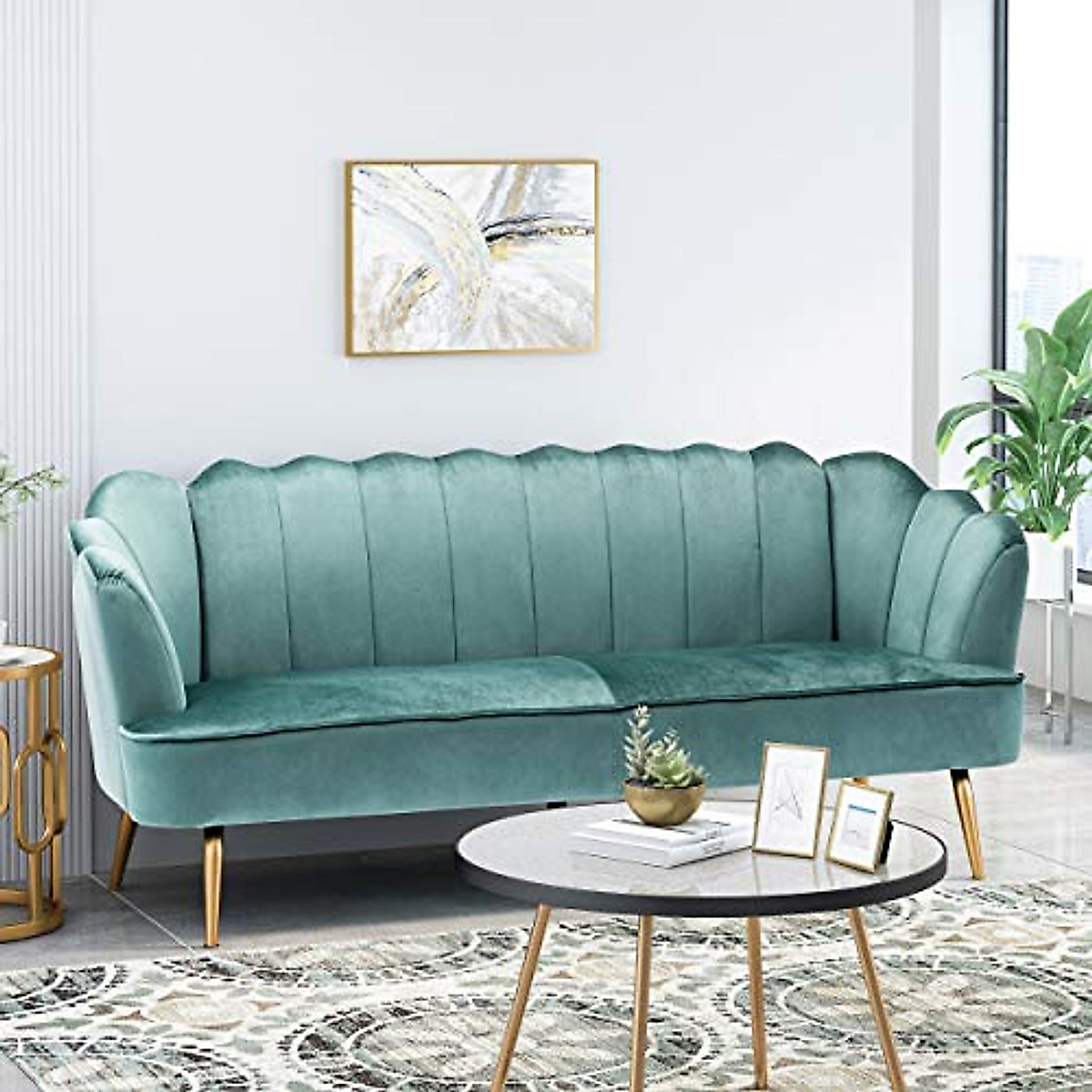 Christopher Knight Home Reitz Channel Stitch 3 Seater Shell Sofa - Velvet - Turquoise/Gold